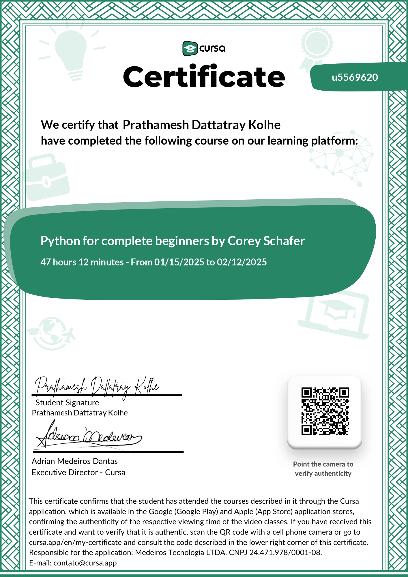 My certificate on Cursa! | Cursa: Free Online Courses + Free Certificate