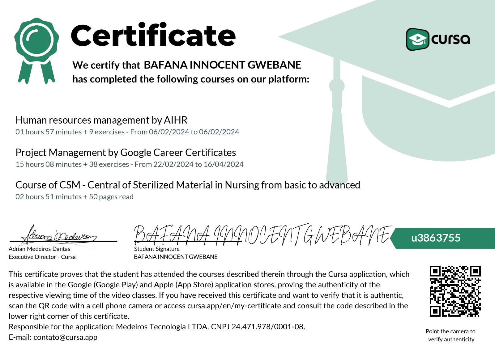 My certificate on Cursa! | Cursa: Free Online Courses + Free Certificate