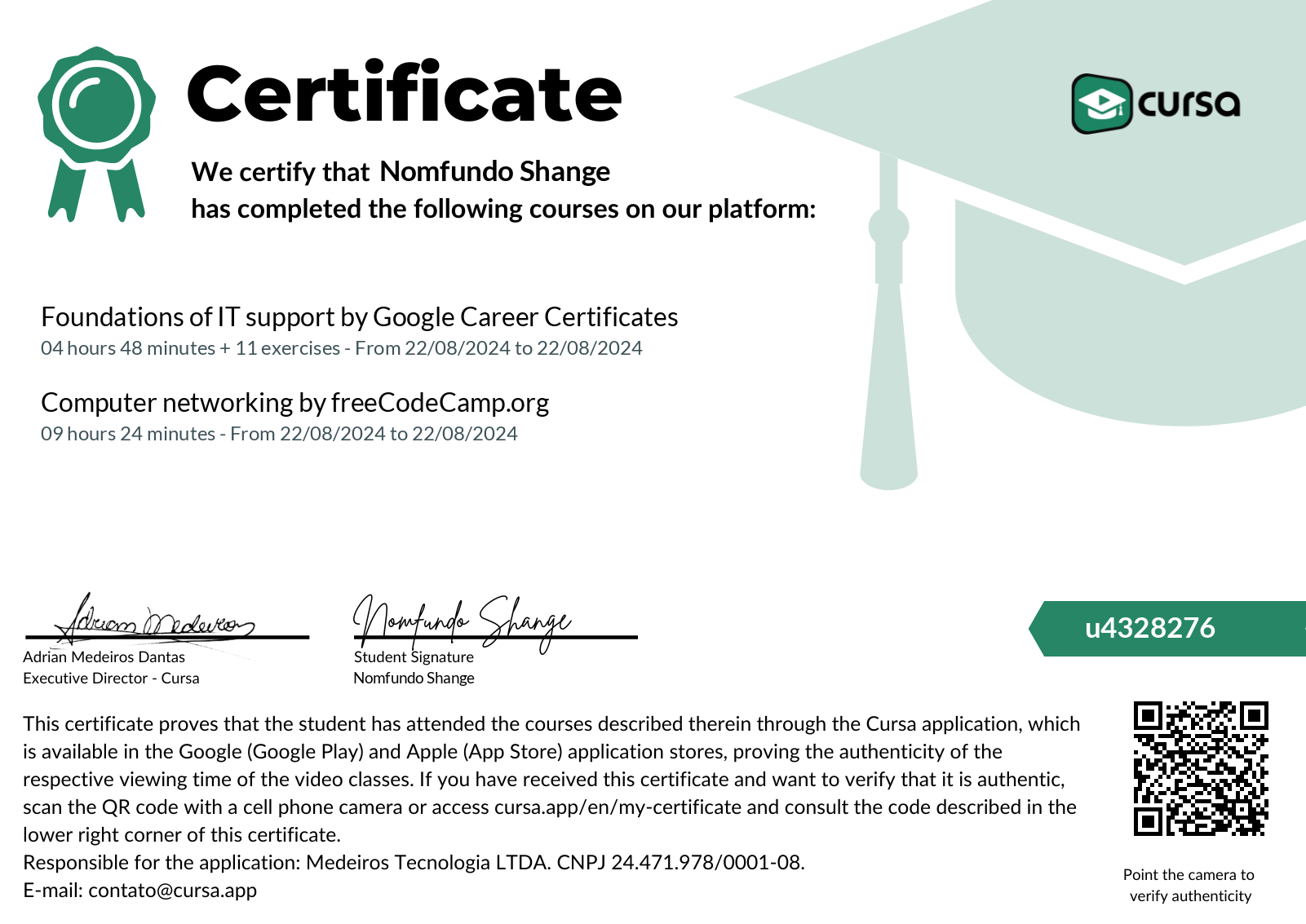 My certificate on Cursa! | Cursa: Free Online Courses + Free Certificate