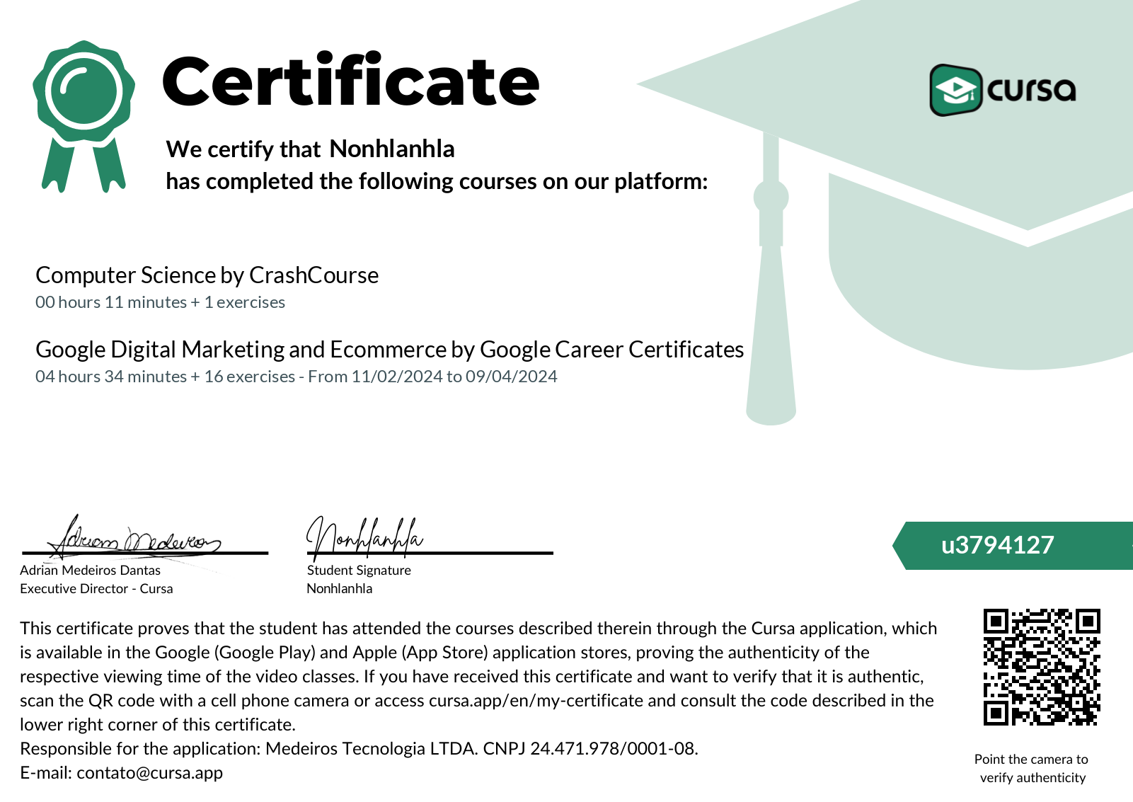 My certificate on Cursa! | Cursa: Free Online Courses + Free Certificate