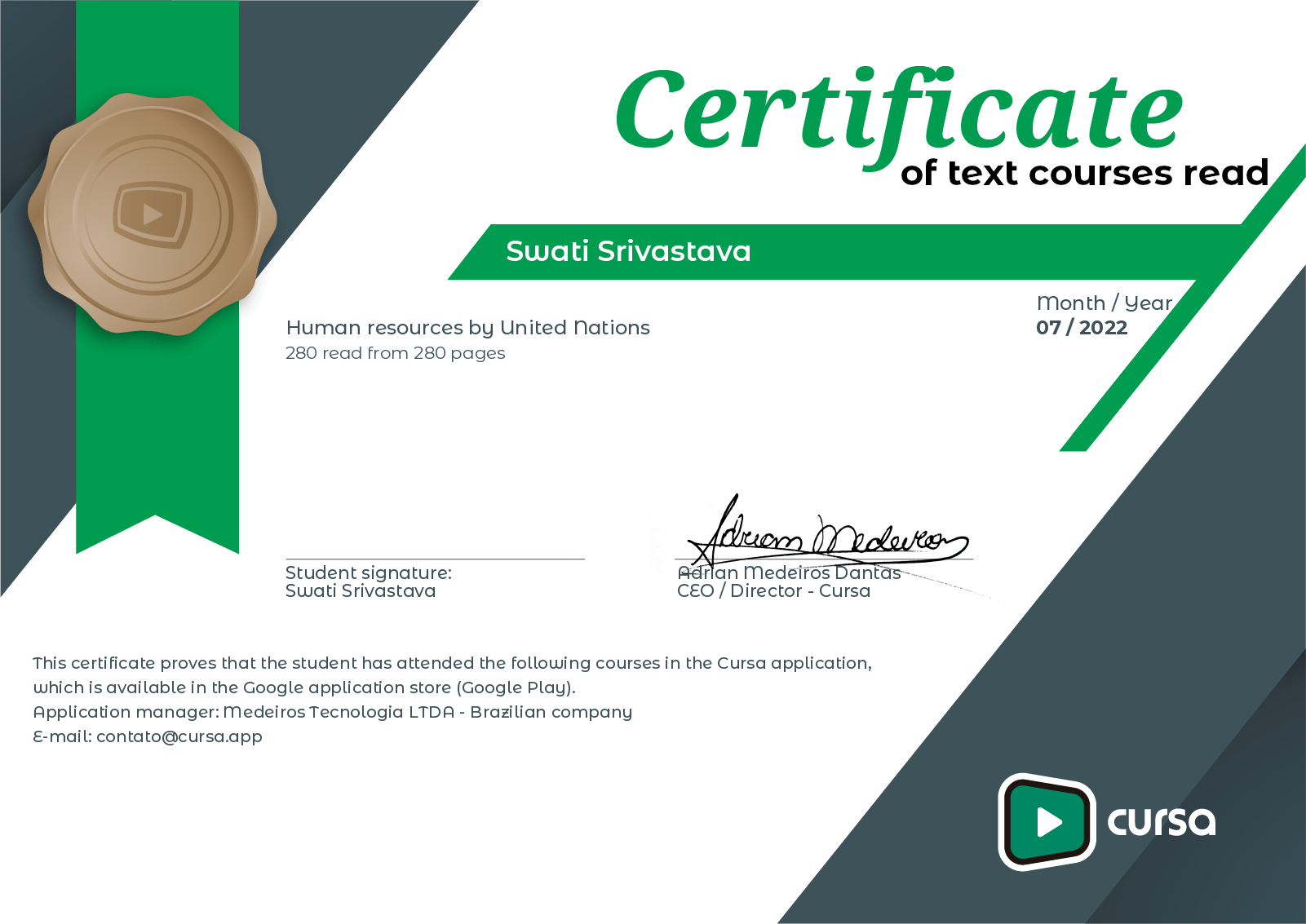 My certificate on Cursa! | Cursa: Free Online Courses + Free Certificate