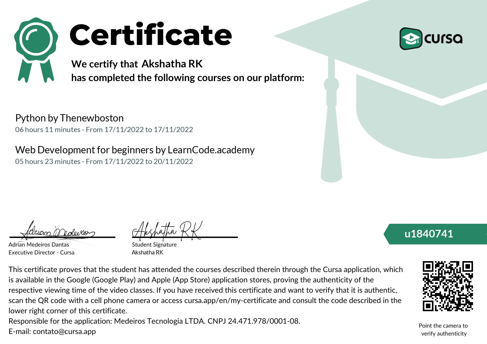 My certificate on Cursa! | Cursa: Free Online Courses + Free Certificate